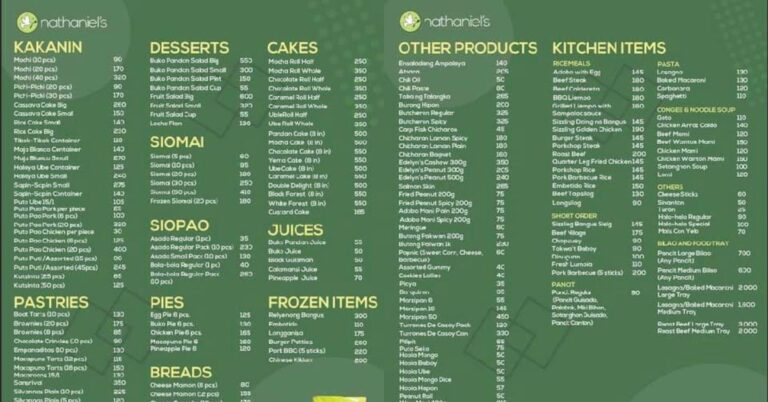 Nathaniel's Menu Price List - Updates for 2025!